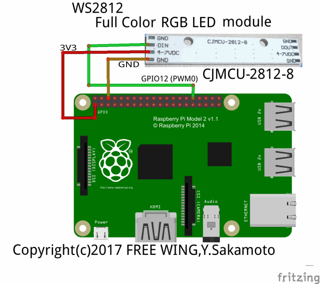Raspberry Pi 3に PWM駆動方式 WS2812 RGBフルカラー LEDを接続する方法 (ラズパイに PWM制御方式のフルカラー LED WS2812Bモジュールを接続して制御する方法)
